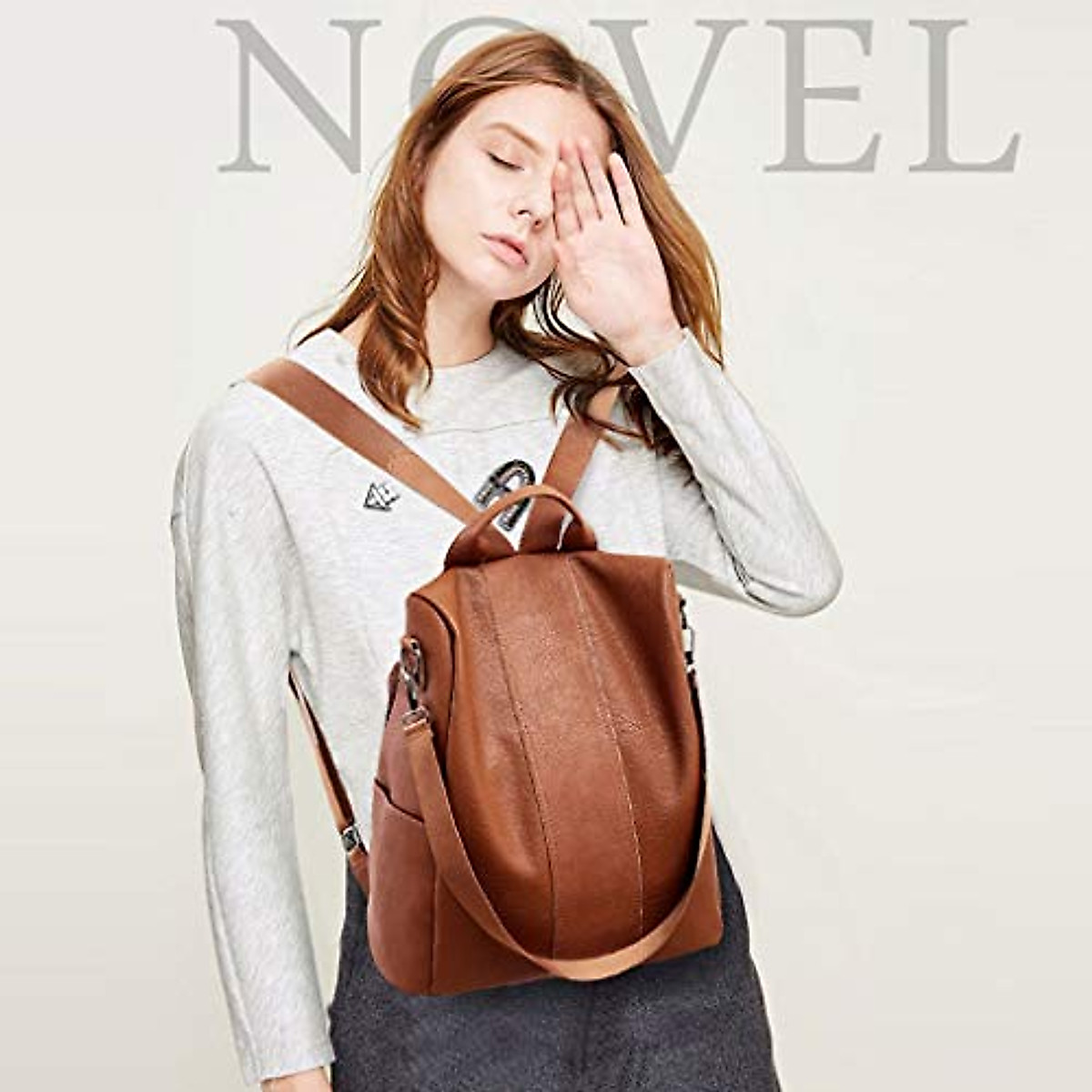 Women Backpack Purse Waterproof Nylon Anti-theft Rucksack Lightweight Shoulder Bag (Brown)