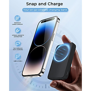 BENKS Magnetic Power Bank, Upgraded 10000mAh Wireless Portable Charger, for MagSafe Battery Pack with Two-Way 20W USB-C Ports, for iPhone 15/14/13/12 Series, Black