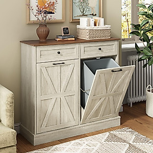 Halitaa Trash Can Cabinet, Double Tilt Out Trash Cabinet with 2 Drawers, Hidden Kitchen Trash Bin Cabinet for 10 Gallon Garbage Can, Free Standing Holder Wooden, Walnut White