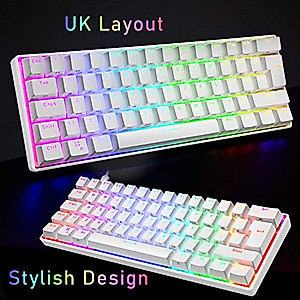 UK Layout 60% True Mechanical Gaming Keyboard Type C Wired 61 Keys LED Backlit USB Waterproof Keyboard 14 Chroma RGB Backlight Full Anti-ghosting Keys for Computer/PC/Laptop/MAC (White/Blue Switch)