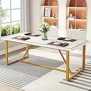 Tribesigns 70.9 Inch Dining Table for 6 to 8, Modern Kitchen Table Dining Room Table, Rectangle White Dinner Table with Gold Meta Base for Kitchen, Living Room