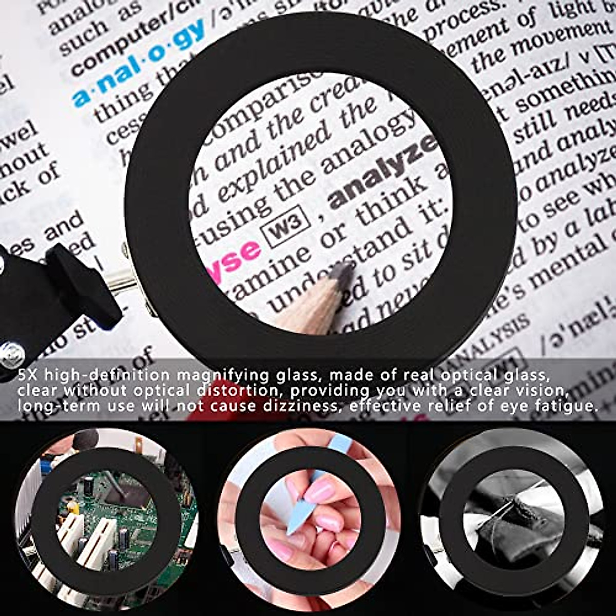 Magnifying Desk Lamp, Magnifying Glass with Light and Stand, 3 Color Modes, Magnifying Lamp with Clamp, Adjustable Swivel Arm with Light to Read Close Work (Black)