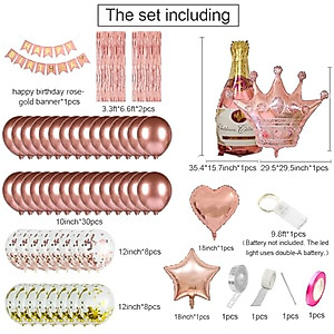 MSMANCY Rose Gold Birthday Decorations for Women Girl 54pcs with HAPPY BIRTHDAY Banner Curtains Bottle Crown Heart Star LED light and Balloons for Birthday Party Supplies (Rose-gold)