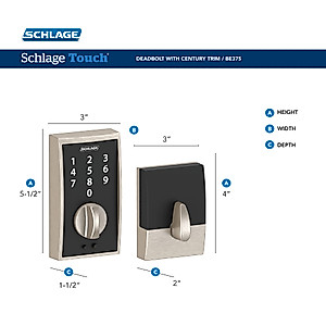 Schlage BE375 CEN 619 Touch Century Deadbolt, Electronic Keyless Entry Lock, Satin Nickel