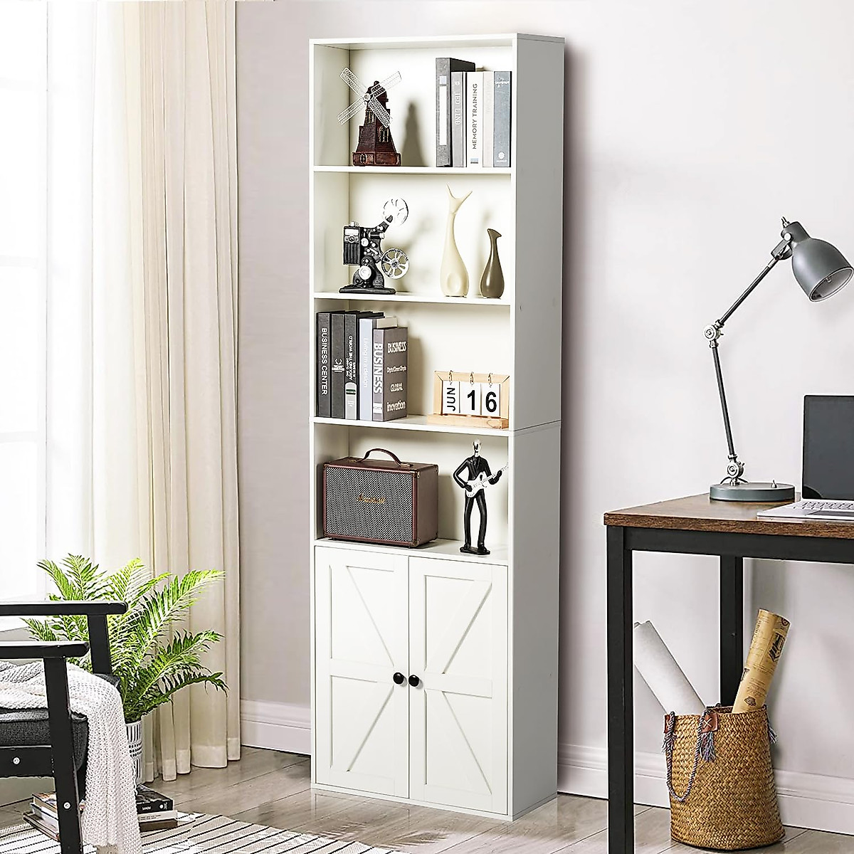 oneinmil Tall Bookshelf, 6-Tier Bookcase, Modern Bookshelves with Cabinet Doors, Storage Cabinet for Home, Office, Living Room (White, 21.8" Width with Doors)