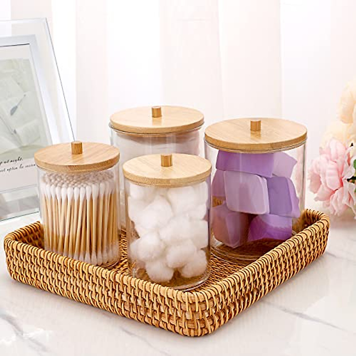 Hipiwe Acrylic Qtip Holder Dispenser with Lid 4-Pack Clear Apothecary Jars Vanity Makeup Organizer Bathroom Accessories Storage Canisters for Cotton Ball Swab Round Pads Floss