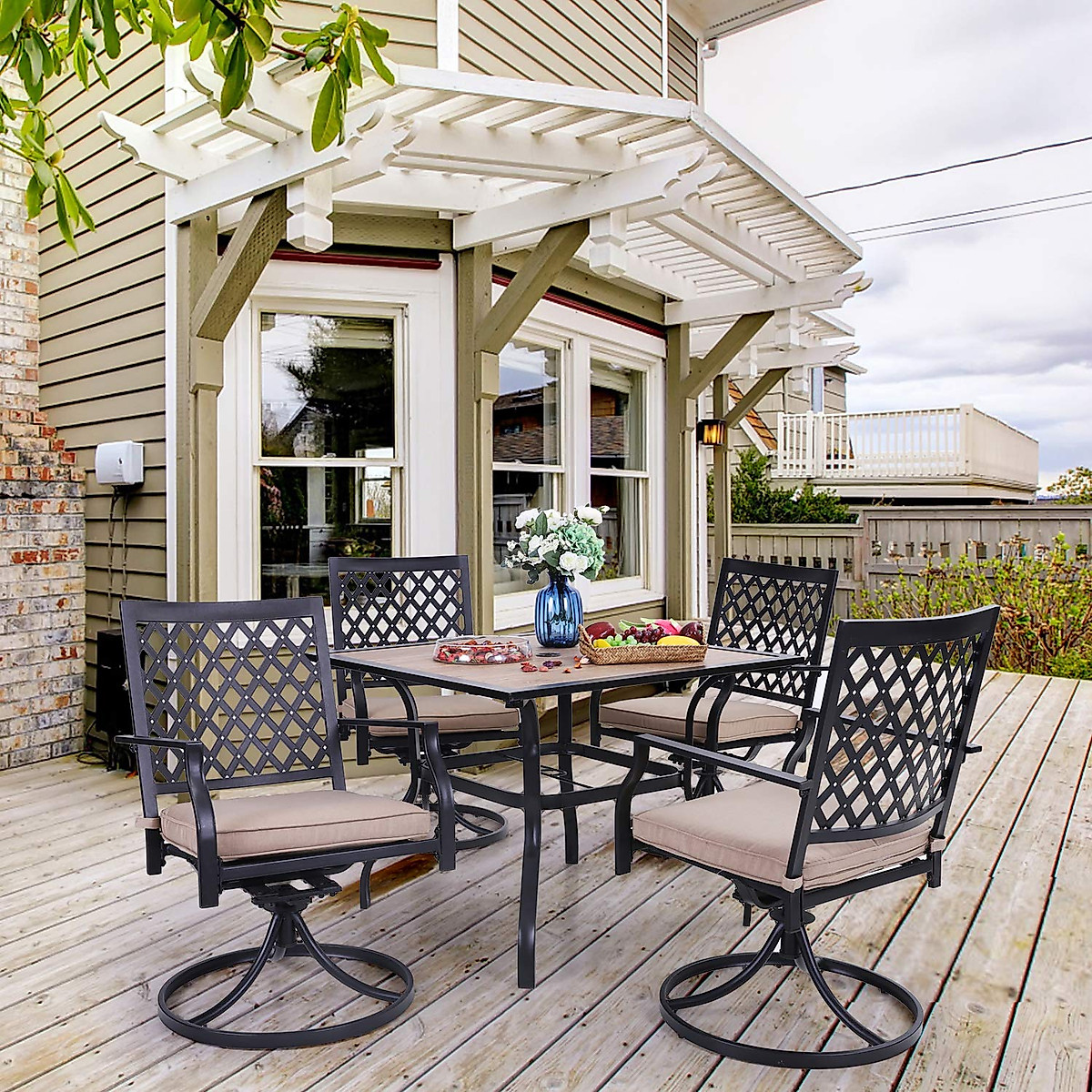 PHI VILLA Outdoor Patio Wood-Like 37" Square Dining Table and Arm Swivel Chairs Furniture Set of 5