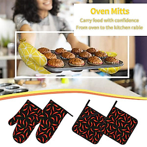 BOKEKANG Chili Peppers Pattern Oven Mitts and Pot Holders Sets of 4 Kitchen Mitts Heat Resistant Oven Gloves Set Potholders for Kitchen Baking Grilling BBQ
