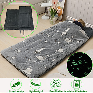 Kids Sleeping Bag Glow in The Dark Slumber Bag for Boys and Girls Padded Nap Mats for Preschool Grey Galaxy Stars Rocket Shining Luminous Sleepover Sack for Toddler Daycare Kindergarten