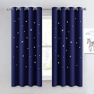 NICETOWN Children Blue Blackout Curtain - Hollow Star Space Inspired Night Sky Twinkle Christmas Star Curtain, Window Drape for Bedroom (1 Panel, 52 x 63 inches Panel, Navy Blue)
