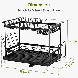 GSlife Dish Drying Rack 2-Tier Small Dish Rack with Drainboard Set, Utensils Holder, Glass Holder and Cutting Board Holder Metal Dish Draine for Kitchen Counter, Black