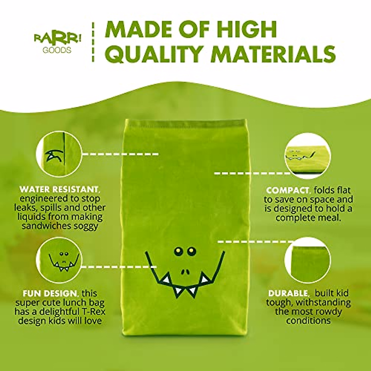 Rarr! Goods - T-Rex Bite Waxed Canvas Lunch Bag, Cute Reusable Lunch Bag for Kids, Long-Lasting Waterproof Lunch Bag, Large-Sized Waxed Lunch Bag, 9 x 14 x 6.3 inches, Green - Kids 3 and up