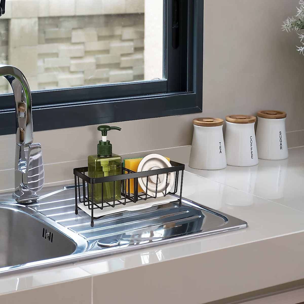 RedCall Dish Sponge Holder for Kitchen Sink,304 Stainless Steel Sink Sponge Holder, Kitchen Sink Caddy Organizer Countertop Soap Dispenser Brush Tray with Adjustable Partition