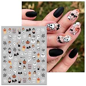 JMEOWIO 8 Sheets Cute Halloween Nail Art Stickers Decals Self-Adhesive Pegatinas Uñas Horror Skull Pumpkin Ghost Witchy Spider Web Bat Spook Nail Supplies Nail Art Design Decoration Accessories