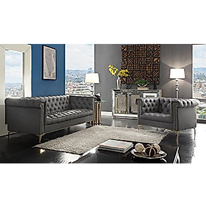 Iconic Home Winston Nail Head Tone Legs PU Leather Modern Contemporary Button Tufted with Gold Nailhead Trim Goldtone Metal Y-Shaped Feet Sofa, Grey