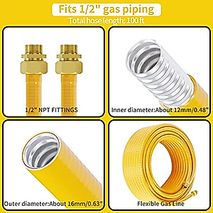 100FT 1/2 '' Flexible Gas Line,CSST Corrugated Stainless Steel Tubing,Natural Gas Line Pipe Propane Conversion Kit Grill Hose with 2 Male Adapter Fittings