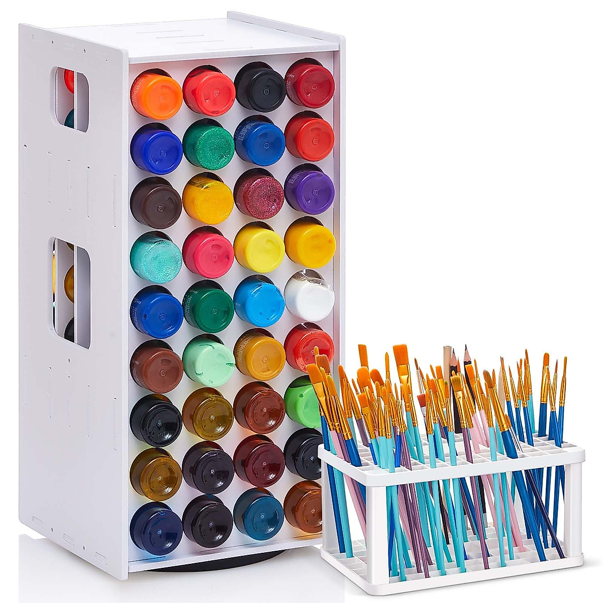 Juexica Acrylic Paint Organizer Craft Paint Storage for 2 oz Craft Paints with Paintbrush Stand Vertical Paint Organizer Holder Wall Mounted Stand Plastic 360 Spinning Paint Storage Tower(72 Holes)