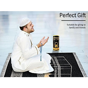 UUSOWARM Muslim Prayer Rug & Beads Set with Stylish Cylinder Gift Box Janamaz Sajadah Ultra-Soft Taffeta Prayer Mat Perfect Islamic Spiritual Gift for Ramadan Islamic Arabesque Pattern Black