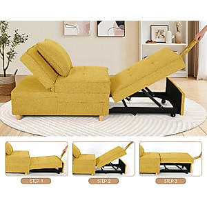 SEJOV Sleeper Sofa Chair Bed,4-in-1 Convertible Sofa Bed Chair with 6 Adjustable Backrest and Pillow, 3-Seat Pull Out Sleeper Chair Linen No Backrest for Bedroom Small Space Living Room, Yellow