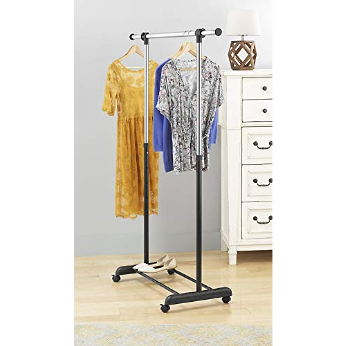 Whitmor Adjustable Rolling Clothes Organizer Chrome Garment Rack, Black and Silver