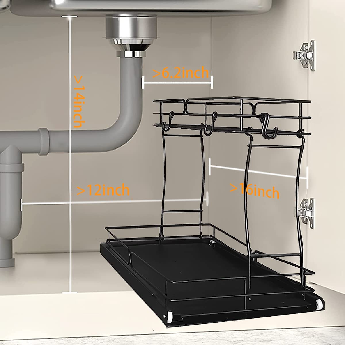 JIKEXINGMENG 2-Tier Under Sink Organizer with Slide-Out Shelves - Easy-to-Install Metal Storage Basket Drawer - Ideal for Kitchen, Bathroom, and Pantry Cabinets - Fits 11-Inch Cabinet Opening