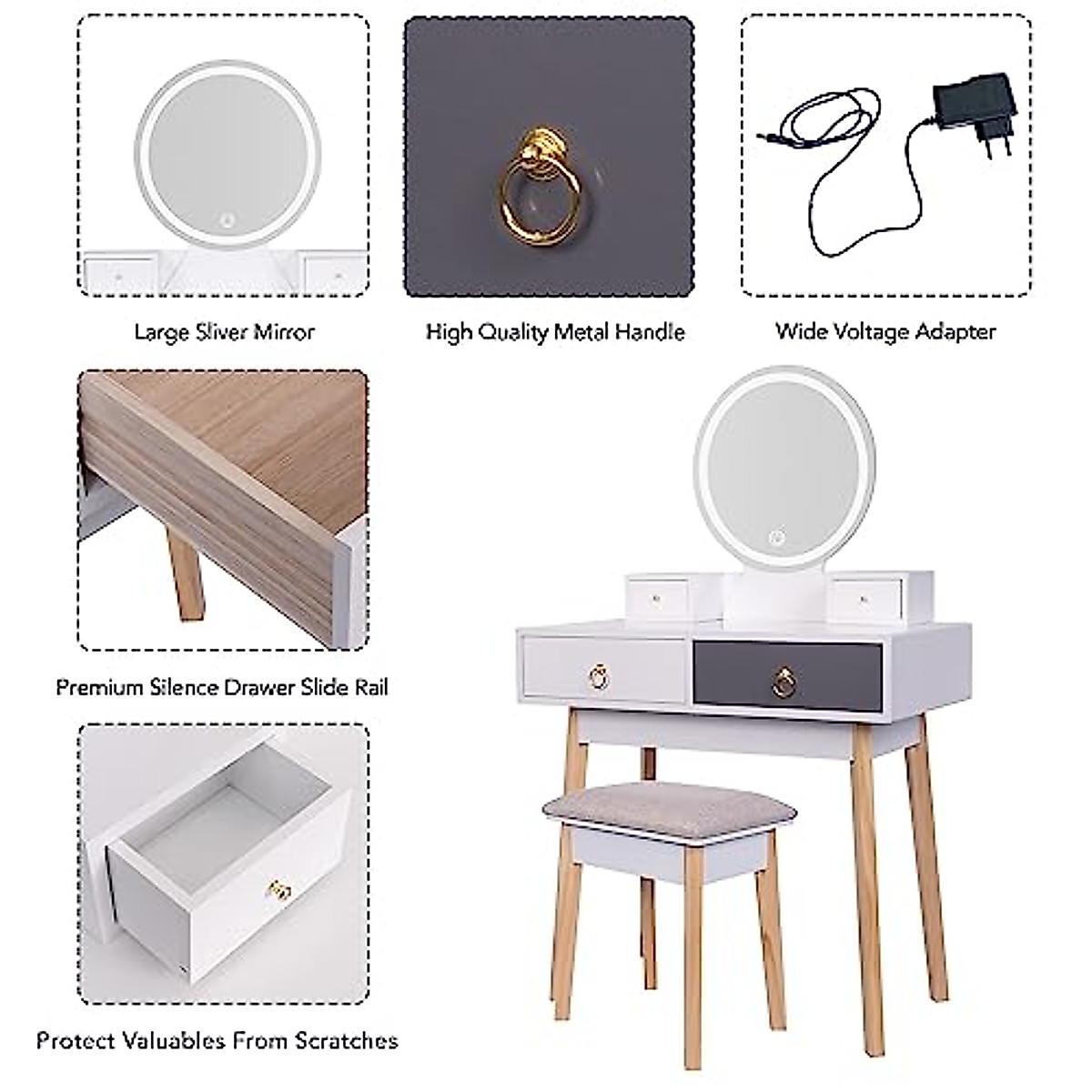 Tidyard Makeup Vanity Set with 3-Color Dimmable Lighted Mirror and Stool for Bedroom, Dressing Room