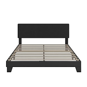 WEEWAY Queen Bed Frame Upholstered Platform Bed with Adjustable Faux Leather Headboard and Strong Wooden Slats, Heavy-Duty Mattress Foundation, No Box Spring Needed, Easy Assembly, Black