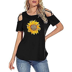 wodceeke Womens Sunflower Print T-Shirt Off-Shoulder Short-Sleeved Blouse Summer Casual Loose Tee Tops (Black, L)