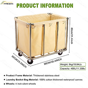 Commercial Laundry Cart with Wheels, 11.35 Bushel Large Laundry Tumbler with Removable Waterproof Canvas Lined Basket, Heavy Duty Stainless Steel Laundry Basket for Hotels and Hospitals