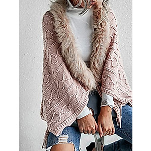 MakeMeChic Women's Textured Knit Fuzzy Trim Fringe Hem Open Front Cape Cardigan Light Pink one-size