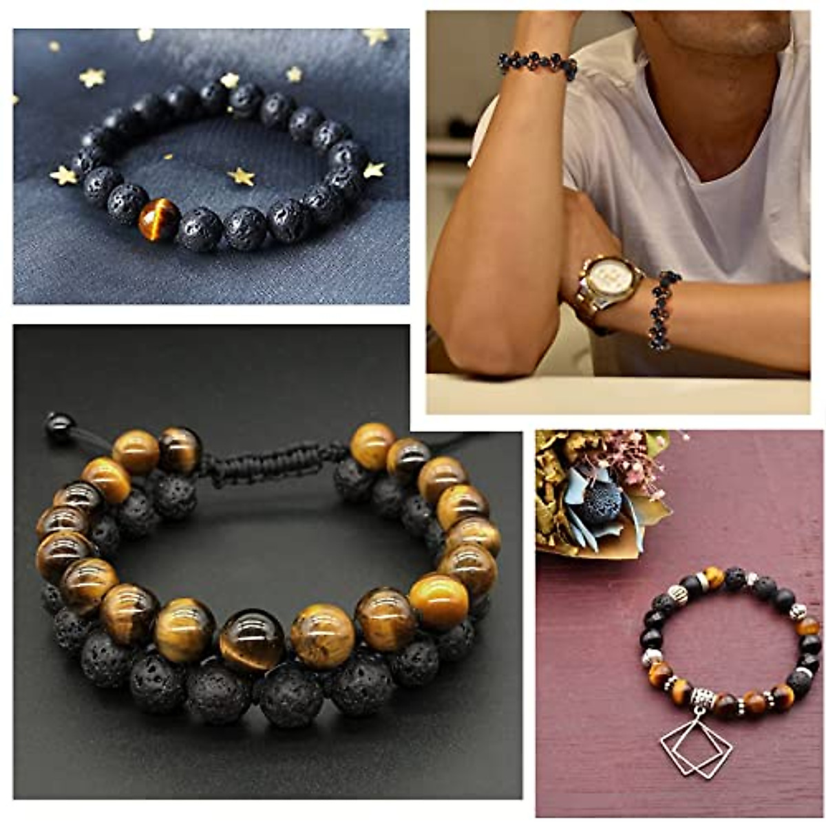 FASHEWELRY Mala Yoga Men Bracelet Making Kit - 220pcs Natural Gemstone Lava Rock Tiger Eye Beads Healing Crystal Chakra Stone Beads with Black Nylon String for Essential Oil Diffuser Jewelry Making