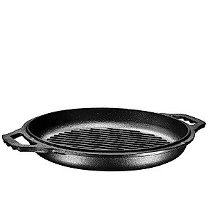 Bruntmor 2-in-1 Pre-Seasoned Cast Iron Dutch Oven with dual handles, Cocotte Double Braiser Pan with Grill Lid 3.3 Quarts - BBQ Grill, Fryer - Outdoor Cookware Set with Dual Handles, Camping,- Black