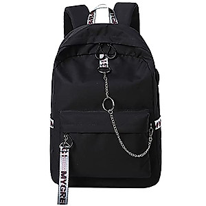El-fmly Fashion Backpack with USB Charging Port for Travel, Lightweight School Bookbags with Cool Letters Strap for Teenage Girls & Women (Black+Grey)