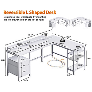 Furologee White 66” L Shaped Desk with Power Outlet, Reversible Computer Desk with File Drawer & 2 Monitor Stands, Home Office Desk with Storage Shelves, Corner Desk for Gaming Writing