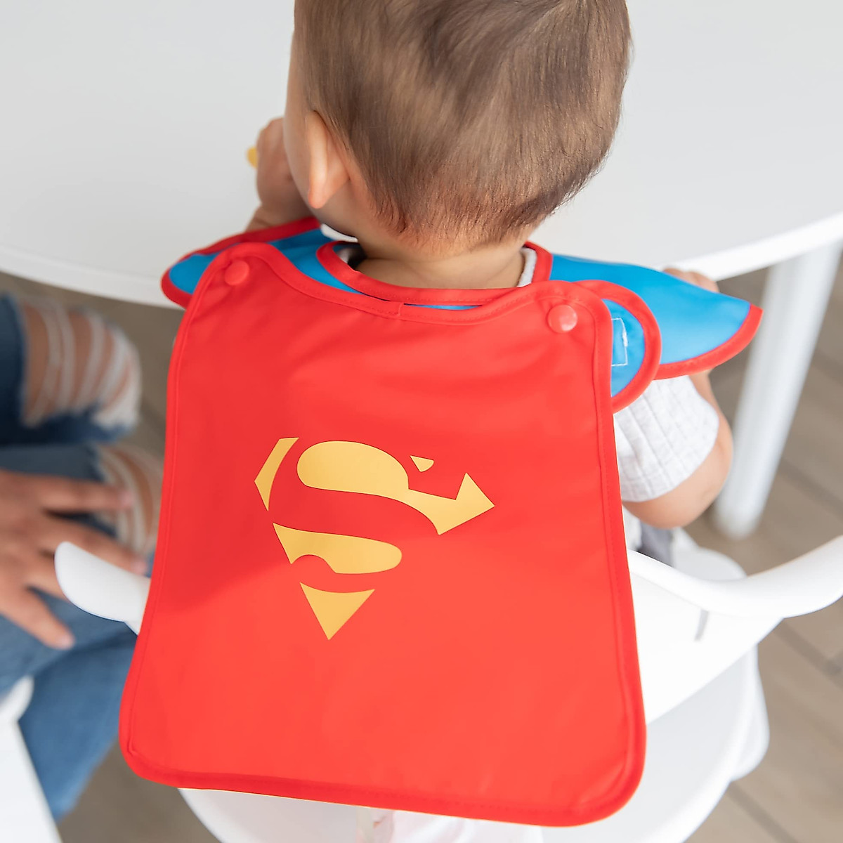 Bumkins Bib for Girl or Boy, Baby and Toddler for 6-24 Months, Essential Must Have for Eating, Feeding, Baby Led Weaning, Mess Saving Waterproof Soft Fabric, SuperBib with Cape, Superman DC Comics