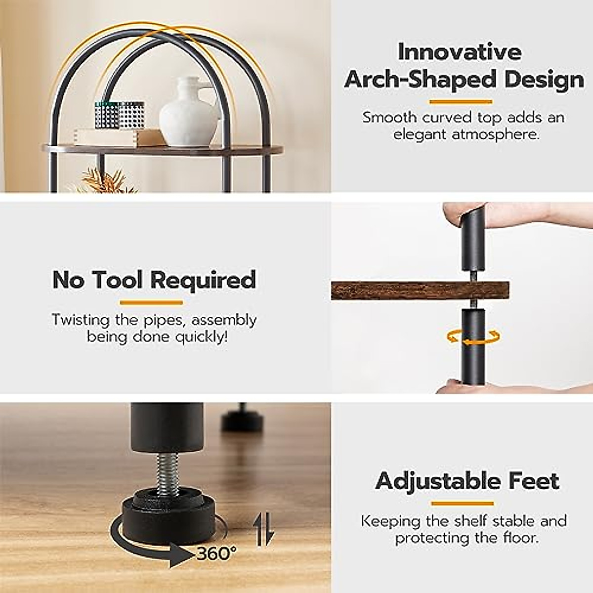 HOOBRO 5 Tier Bookshelf, Industrial Bookcase Arched, Tall Standing Bookshelves and Bookcases, Open Storage Shelves, Wooden Book Shelf for Bedroom, Living Room, Rustic Brown Bookshelf BF176SJ01