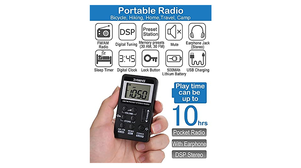 ZHIWHIS Portable Radio, AM FM Receiver with Sleep Timer, Rechargeable ...