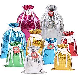 MAMUNU 15Pcs Christmas Drawstring Gift Bags, Assorted Sizes Solid Color Goodie Bags Christmas Wrapping Bags with Drawstring Ribbons and Tags, for Holiday Birthday Christmas Party (15)