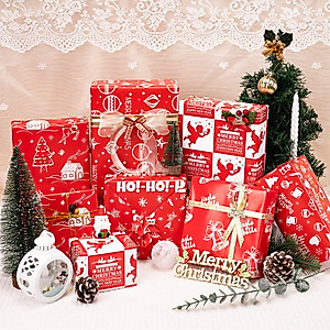 Toptime Christmas Wrapping Paper, Red and White Gift Wrapping Paper Sheets of 6 with Angel, Xmas Tree, Bells, Reindeer, Flat Cute Christmas Gift Wrap for New Year, Holiday, Art Crafts, 27.6x19.7in