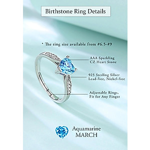 Vito 925 Sterling Silver Birthstone Rings for Women, Adjustable Open Heart Cubic Zirconia March Birthstone Ring Birthday Month Jewelry Gift for Mom Wife Daughter