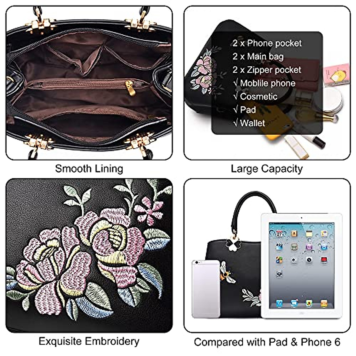 Embroidery Flowers Handbags for Women Ladies Tote Shoulder Bags PU Leather Satchel Top Handle Satchel Purse (Purple B)