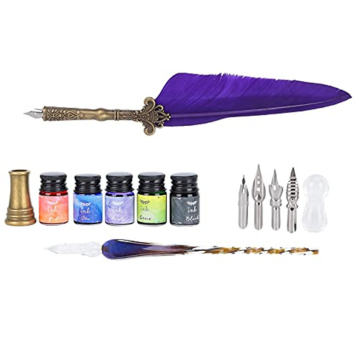 Hztyyier 5 Bottles Colorful ink Writing Gift Box Kit(Purple) Calligraphy Feather Pen Set Glass Ink Feather Fountain Pen with Replaceable Nib School Supplies