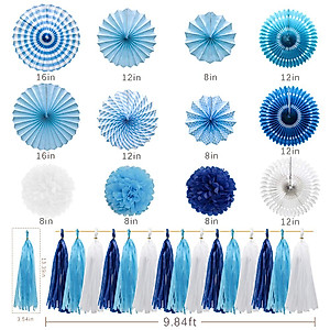 Meiduo Blue Party Decorations Hanging Paper Fans Pom Poms Flowers Tissue Tassel Garland for Elephant Shark Theme Kids Birthday Baby Shower Graduation