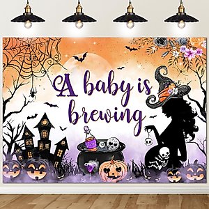 Avezano Halloween Baby Shower Backdrop Magic Witch Theme A Baby is Brewing Party Decorations Boy or Girl Gender Reveal Halloween Party Banner Supplies(7x5ft)
