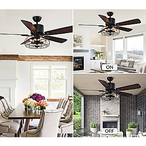 NOXARTE 52 inch Farmhouse Industrial Ceiling Fan with Light and Remote, Vintage Black Cage Fandelier, 5 Reversible Blades Chandelier Fans Light Kit for Bedroom Living Room, Quiet Motor