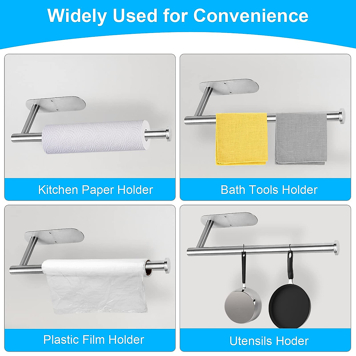 Paper Towel Holder Under Cabinet, DIGHEIGG Self Adhesive or Wall Mount Paper Towel Holder Under Counter Hanging Stand for Kitchen, Bathroom, Home Kitchen Organization(13Inch, Silver)