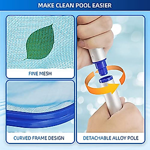 Pool Skimmer Net Pool Leaf Rake with Durable Deep Bag, Detachable Aluminum Frame, Pond Cleaning Scoop for Inground and Above Ground Swimming Pools Hot Tubs Spa (Large, Blue (with Pole))