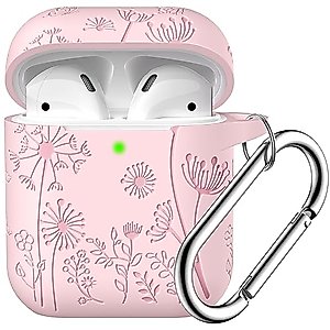 Lerobo Flower Engraved Case for AirPods Case Cover, Stylish Soft Silicone Protector with Keychain, Compatible with Apple AirPods 1st/2nd Generation Charging Case, Front LED Visible, Pink