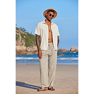 COOFANDY Men's Cotton Linen Baggy Pants Relaxed Fit Vacation Beach Trousers Khaki