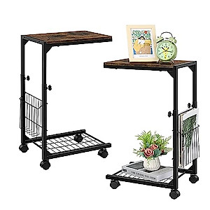 C Shaped End Table Set of 2 Snack Side Table Height Adjustable C Tables for Couch Bed Small Sofa Table with Wheels for Living Room, Bedroom, Rustic Brown